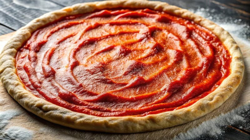 Close-up of a Pizza Crust with a Smooth Layer of Tomato Sauce Spread ...