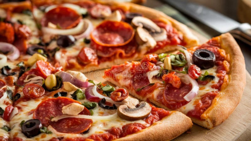 Close-up of a Pizza with One Slice Cut Out, Showcasing Toppings Stock ...