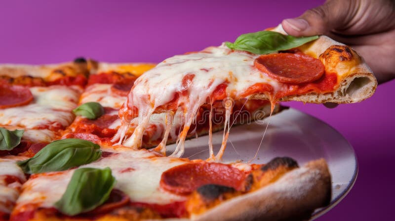 Close-Up of Pizza Slice with Cheese Drip and Hand Reaching Stock ...