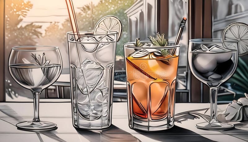 Close Up Places Drinks Alcohol Cocktail Line Drawing, Doodle Drawing ...