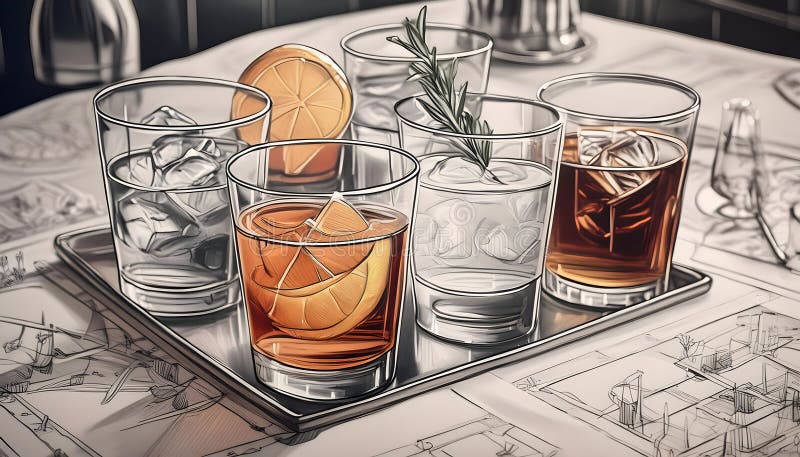 Close Up Places Drinks Alcohol Cocktail Line Drawing, Doodle Drawing ...