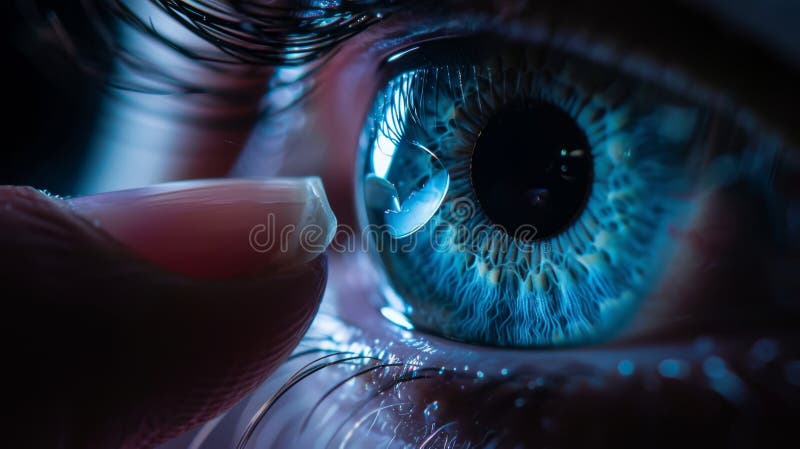 Close-up of Placing a Lens on the Iris of the Eye Using a Finger in ...