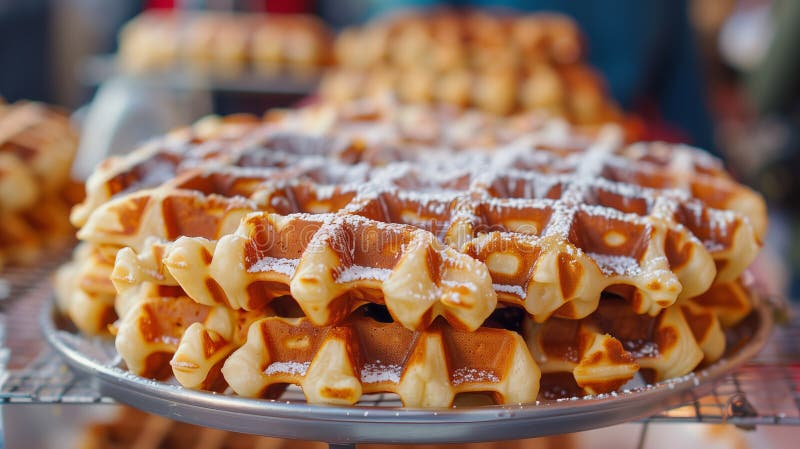 Close-up of Plain Belgian Waffles Sprinkled with Powdered Sugar. Stock ...