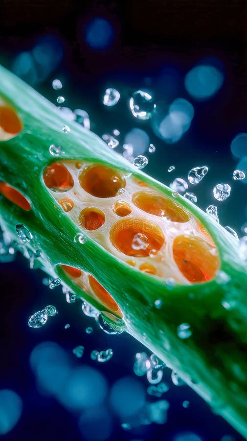 Close-up of Plant Stem Cross-section with Water Droplets Under ...