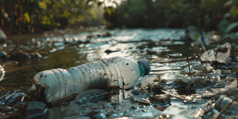 A Close-up of a Plastic Bottle and Other Trash in a River Stock Image ...