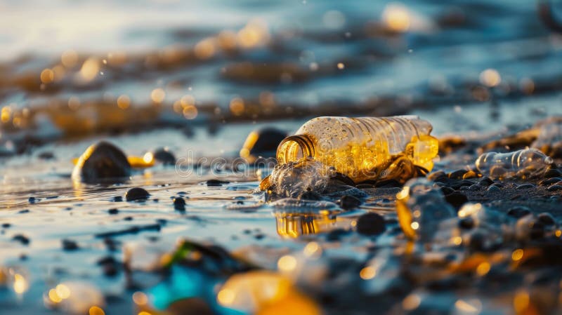 A Close-up of a Plastic Bottle Washed Ashore on a Beach, Illustrating ...