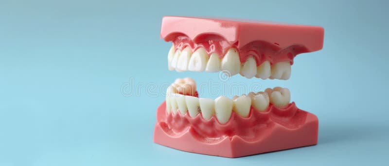 Close Up of Plastic Dental Model with White Teeth on Blue Background ...