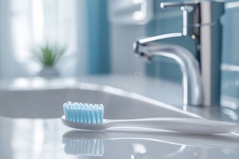 Close Up of Plastic Toothbrush Lying on White Sink in Bathroom Stock ...
