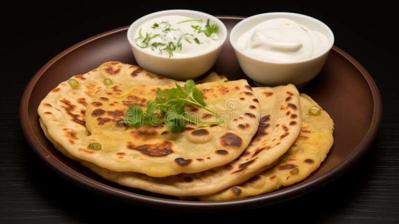 Close Up of Plate with Aloo Paratha, Yogurt, Pickles Stock Illustration ...