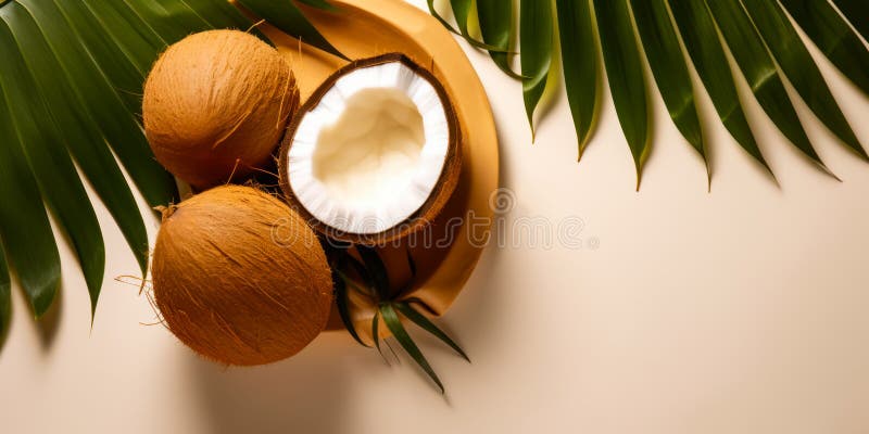 Close Up of Plate of Coconuts and Coconut Plant on Table. Generative AI ...