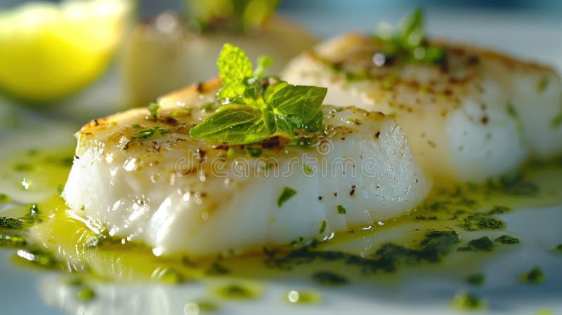 A Close Up of a Plate with Some Fish and Lemon, AI Stock Photo - Image ...