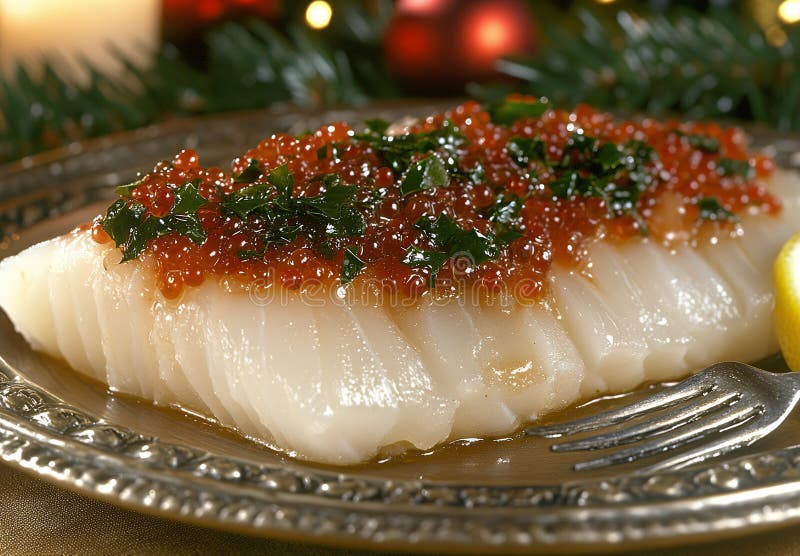 A Closeup of a Plated Piece of Fish Topped with Red Caviar Stock Photo ...