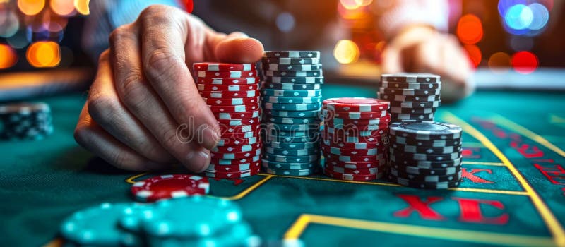 Close-up. the Player at the Table Makes a Bet with Playing Chips. a ...
