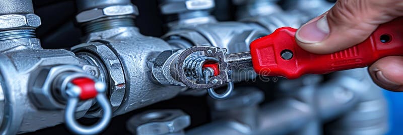 Close-up of a Plumber Using a Red Adjustable Wrench To Tighten a Metal ...