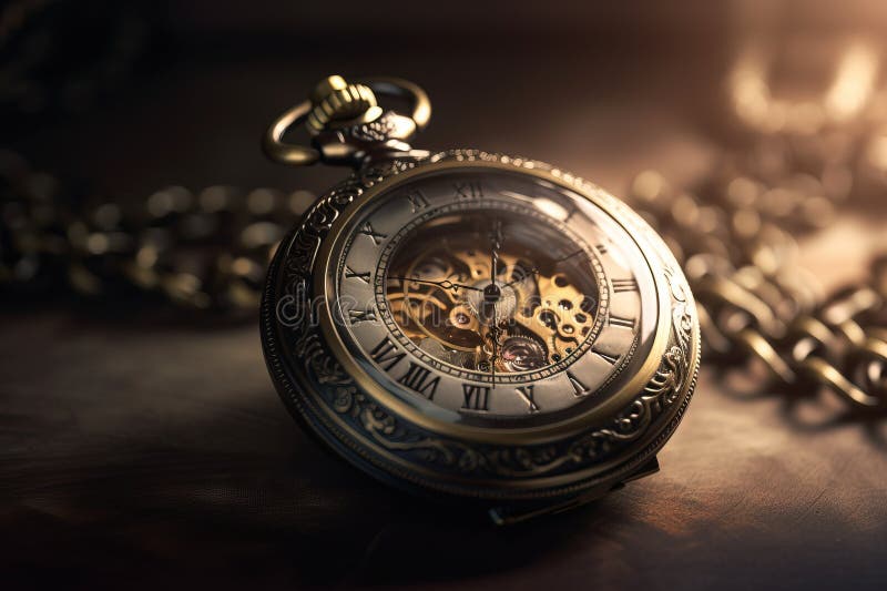 A Close Up of a Pocket Watch on a Chain on a Table Stock Illustration ...