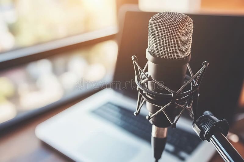 Close Up of Podcast Microphone and Laptop in Cozy Home Studio Setting ...