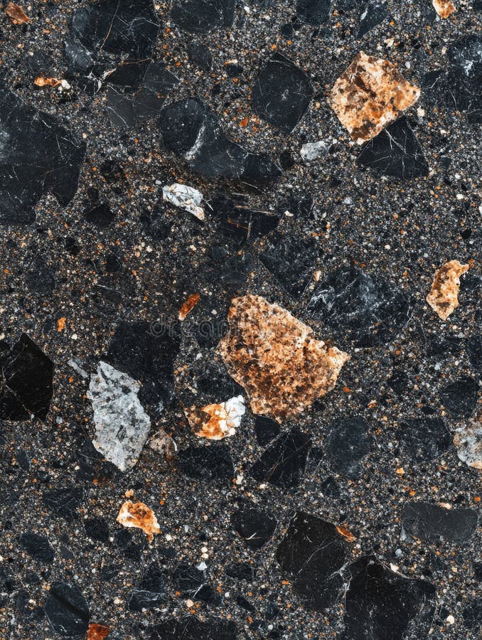Close-up of Polished Black Terrazzo with Orange and White Stone Chips ...