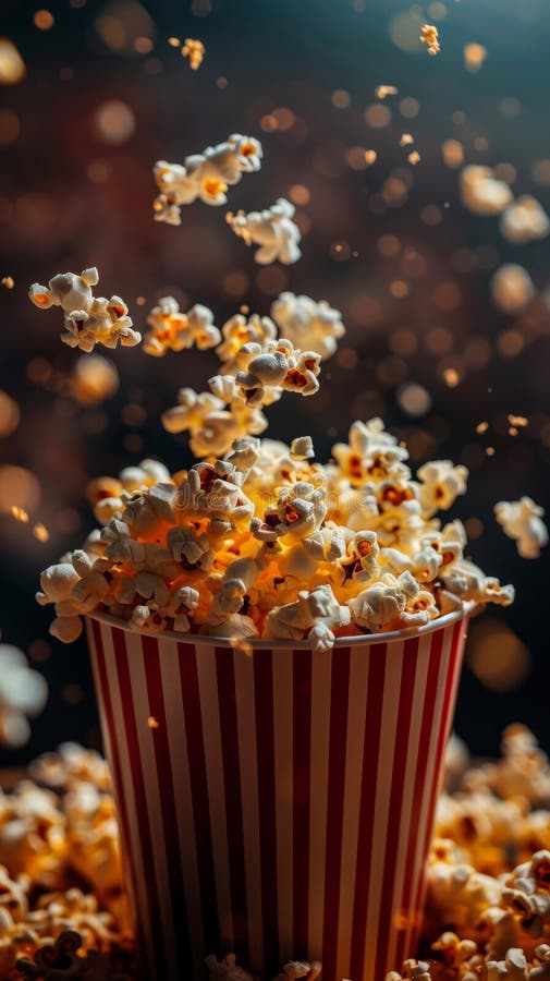 A Close Up of Popcorn Falling Out a Striped and Red Cup, AI Stock ...