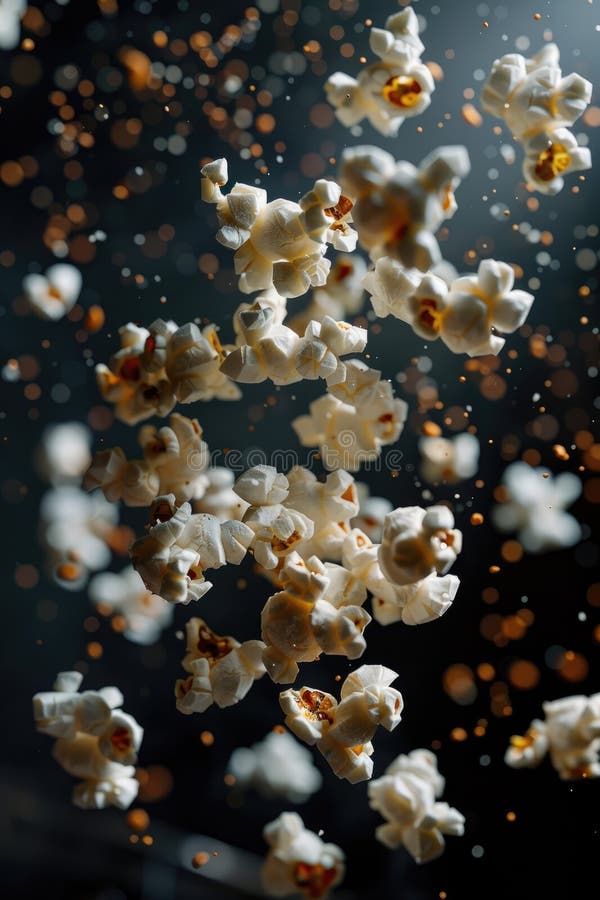 Close-Up of Popcorn Kernels Floating with Bokeh Background in Motion ...