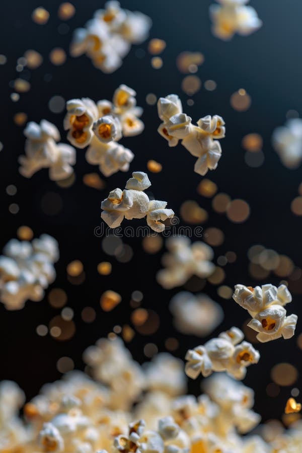 Close-Up of Popcorn Kernels Floating with Bokeh Background in Motion ...