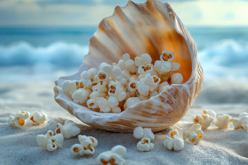 Close-up of Popcorn Kernels Spilling from a Seashell on the Beach Stock ...