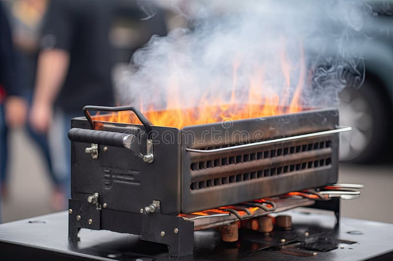 Close-up of Portable Grill, with Smoke and Flames Visible Stock ...