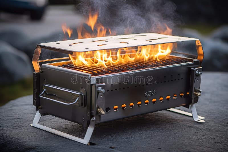 Close-up of Portable Grill, with Smoke and Flames Visible Stock Photo ...