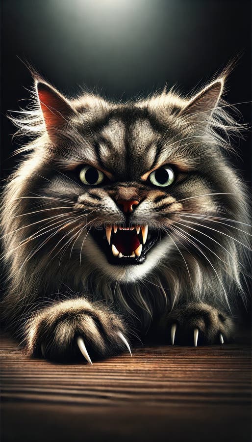 A Close-up Portrait of an Aggressive Cat Showing Its Bared Teeth and ...