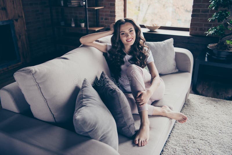 Close Up Portrait Amazing Beautiful Brunette She Her Lady Legs Couch