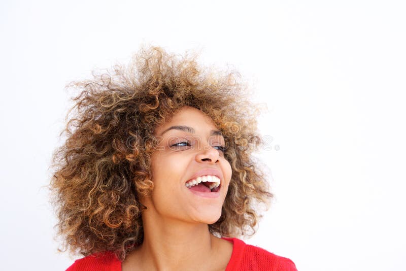 Close Up Beautiful Black Young Woman With Curly Hair Laughing Stock