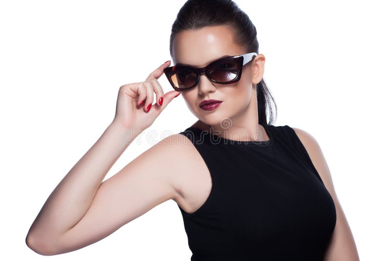 Close Up Portrait Of Beautiful And Fashion Girl In Sunglasses Stock