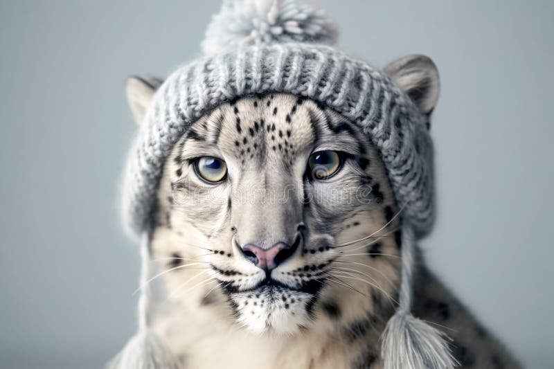 Close Up Portrait of a Beautiful Snow Leopard in a Knitted Hat with a ...