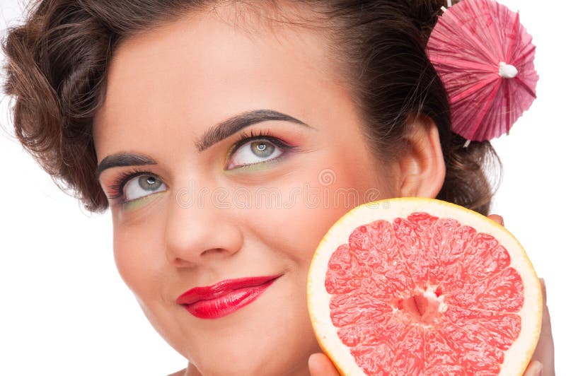 Close Up Portrait of Beauty Woman with Grapefruit Stock Image - Image ...