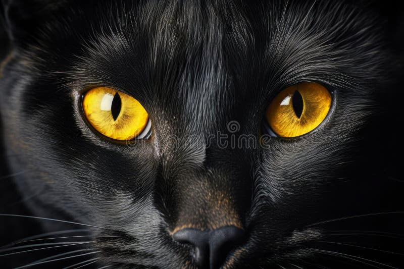Close-up Portrait of a Black Cat with Yellow Eyes on a Black Background ...