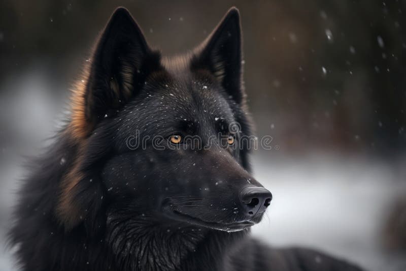 A Close-up Portrait of a Black Wolf in Winter. AI Stock Illustration ...