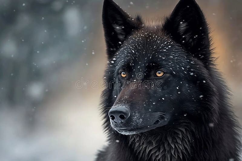 A Close-up Portrait of a Black Wolf in Winter. AI Stock Illustration ...