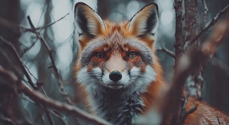 A Close-up Portrait Captures a Red Fox Peeking Out through Tree ...