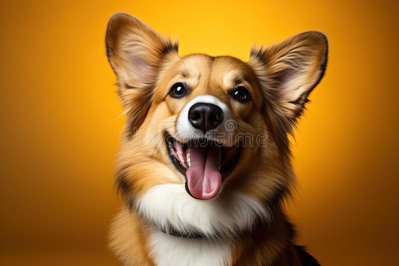 Close-up Portrait of Corgi Head on Orange Background. Stock Photo ...