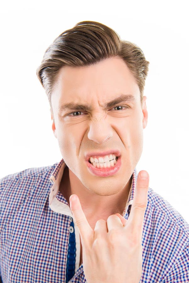 Close Up Portrait of Crazy Man Showing Rock Gesture Stock Photo - Image ...