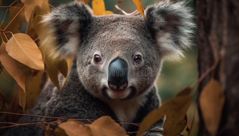 Close Up Portrait of Cute Koala Sitting on Eucalyptus Branch Generated ...