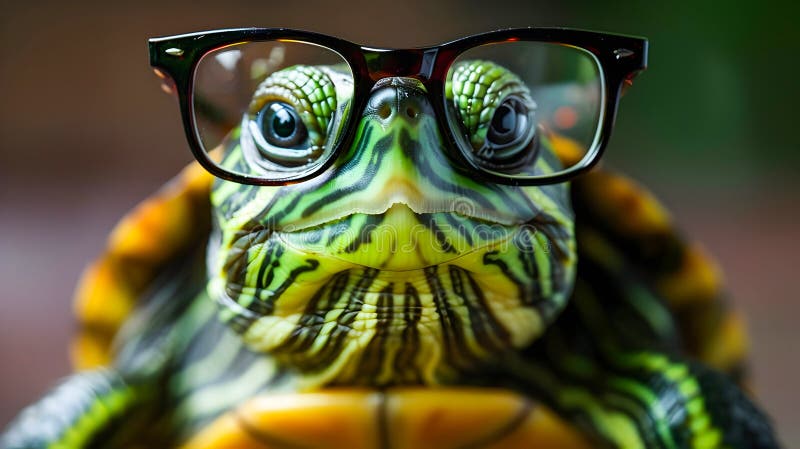 Close Up Portrait of Cute Little Green Turtle Wearing Oversized Glasses ...