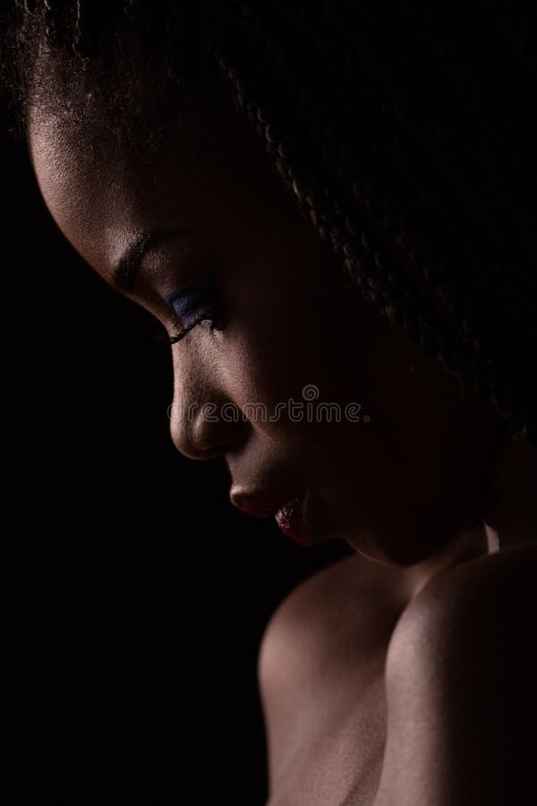 Close Up Portrait of Dark Skinned Model on Black Backstage. Stock Image ...