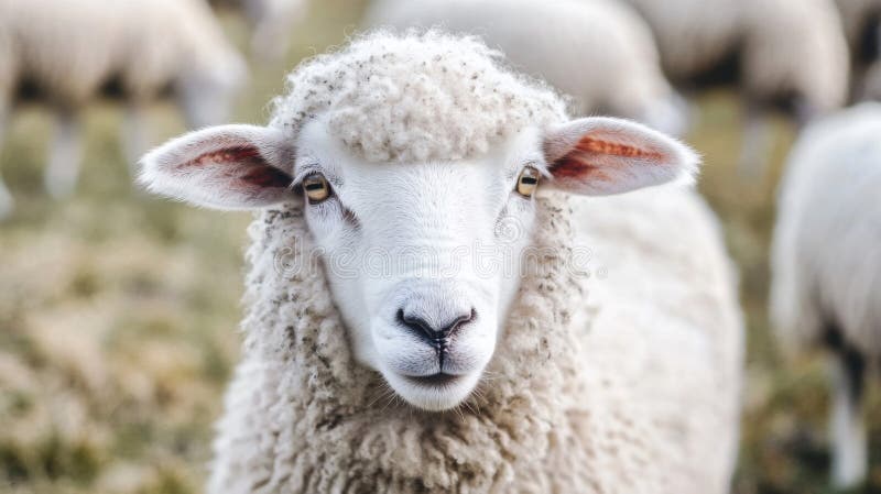 Close Up Portrait of a Fluffy White Sheep in a Field Stock Illustration ...