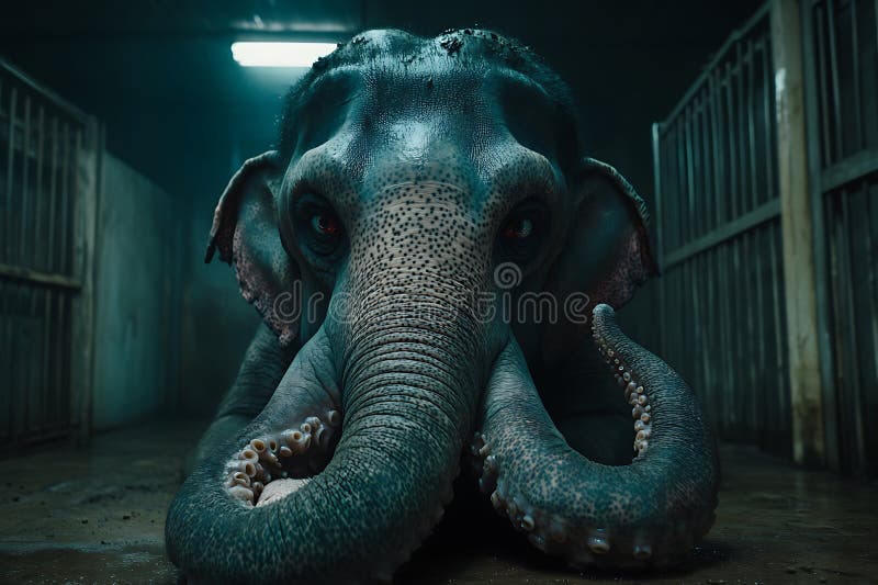 Close-up Portrait of a Giant Horror Elephant with Two Trunks Emerging ...