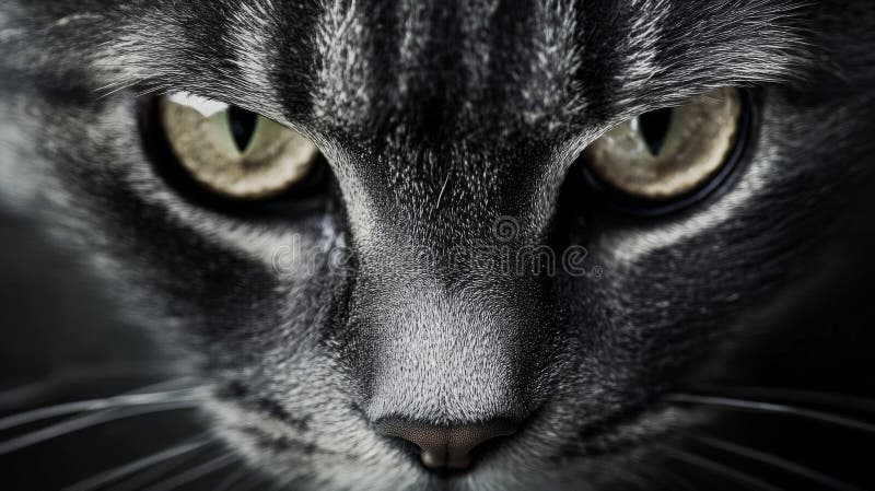 Close Up Portrait of a Grey Cat with Intense Gaze Stock Illustration ...
