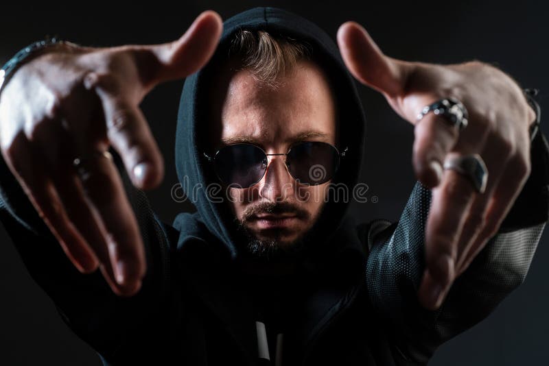 Close Up Portrait of Guy with Serious Face. Hand Rap Gestures. Stock ...