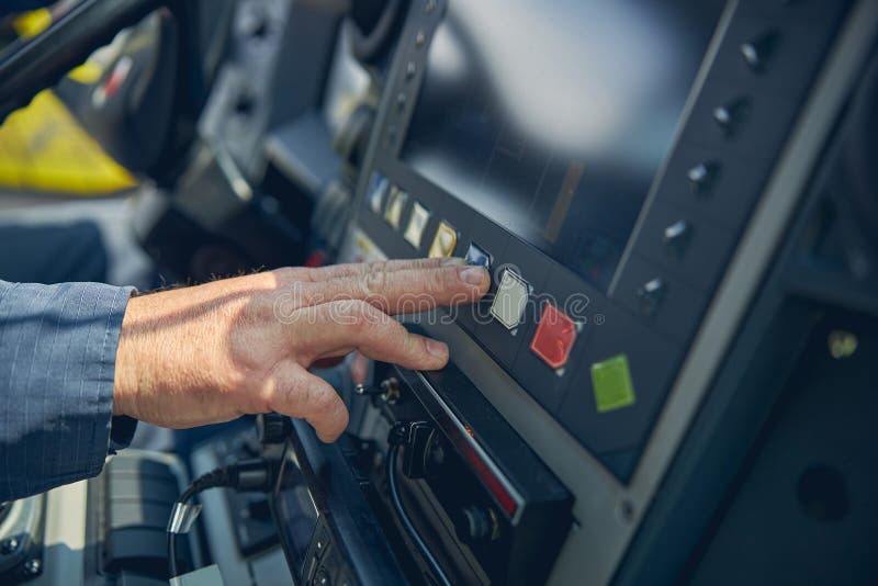 Man Touching Dashboard of Modern Fire Truck Stock Image - Image of ...