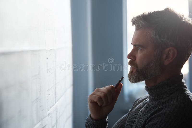 Close-up Portrait of Handsome Man Concentrated on Work. Architect ...