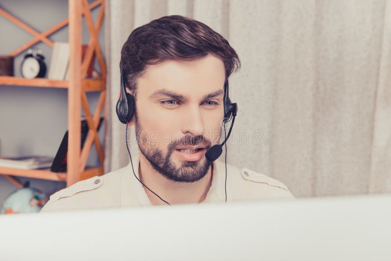 Close Up Portrait of Handsome Young Worker in Head-phones Stock Photo ...
