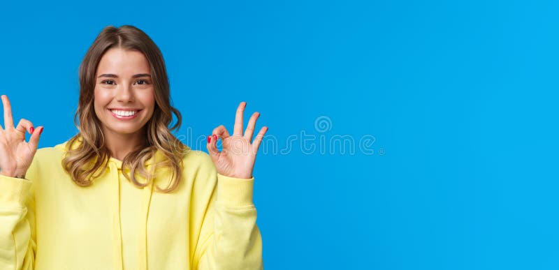 Close Up Portrait Happy Confident Young Blond Girl Assure All Okay